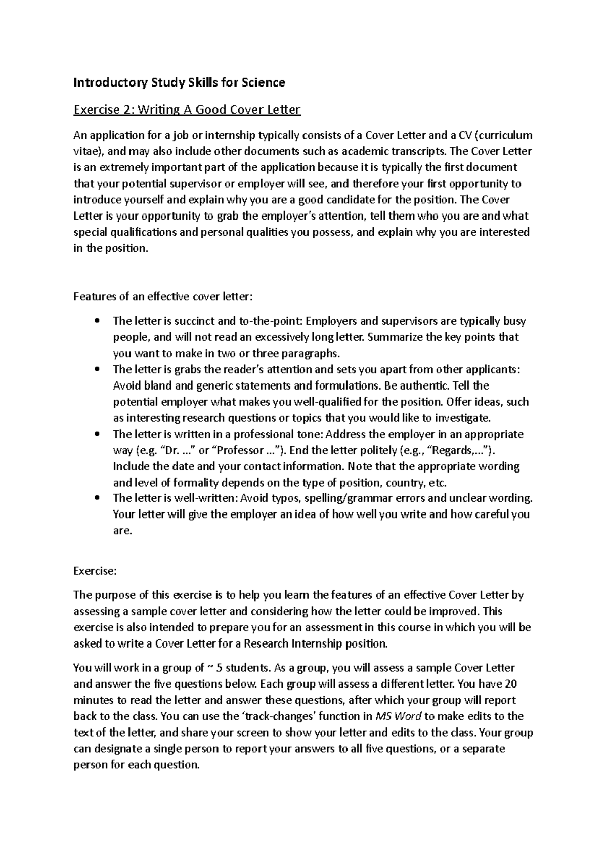Exercise 2 - Writing a Good Cover Letter - Introductory Study Skills for Science Exercise 2 ...