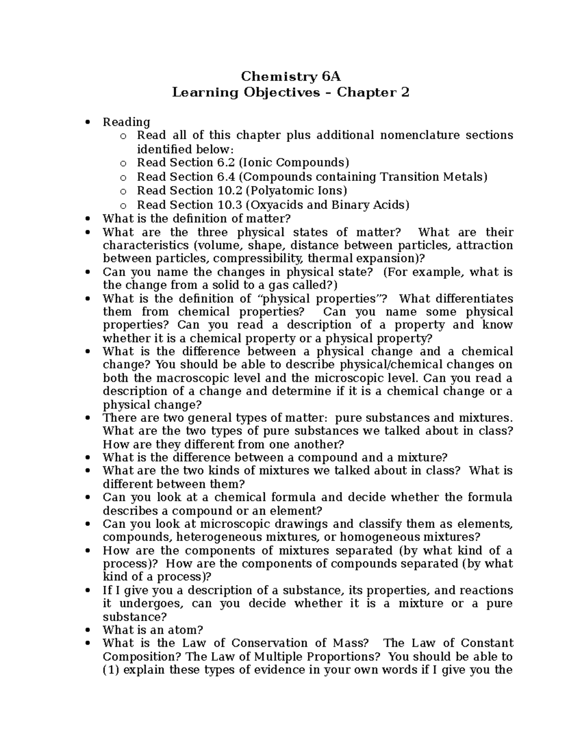 Chem6A learning objectives ch 2-2 - Chemistry 6A Learning Objectives ...