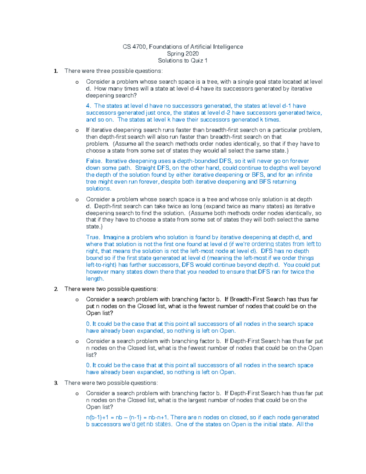 4700 2020sp q1 solutions - CS 4700, Foundations of Artificial ...