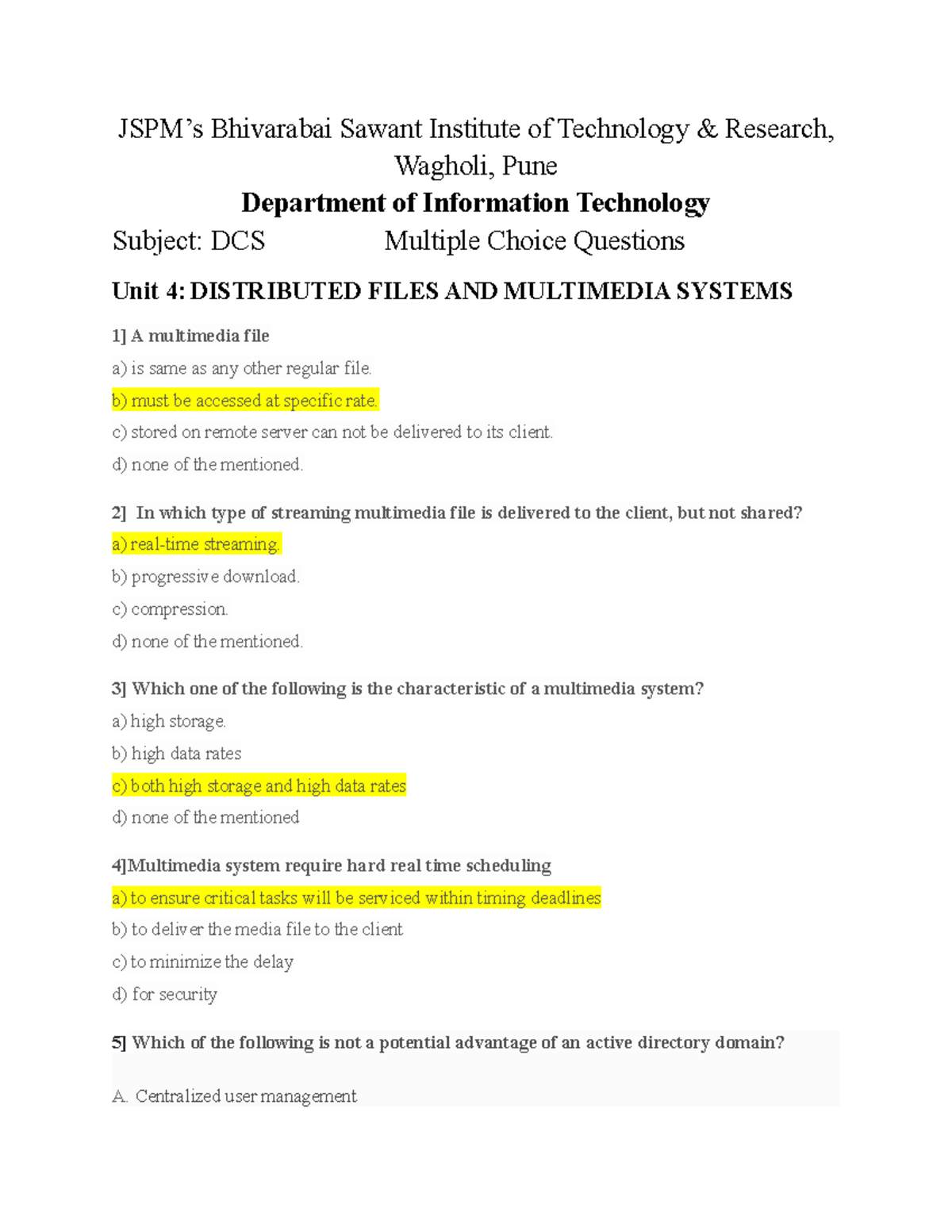 Dcs Unit Iv Mcq Distributed Computing Systems Jspms Bhivarabai