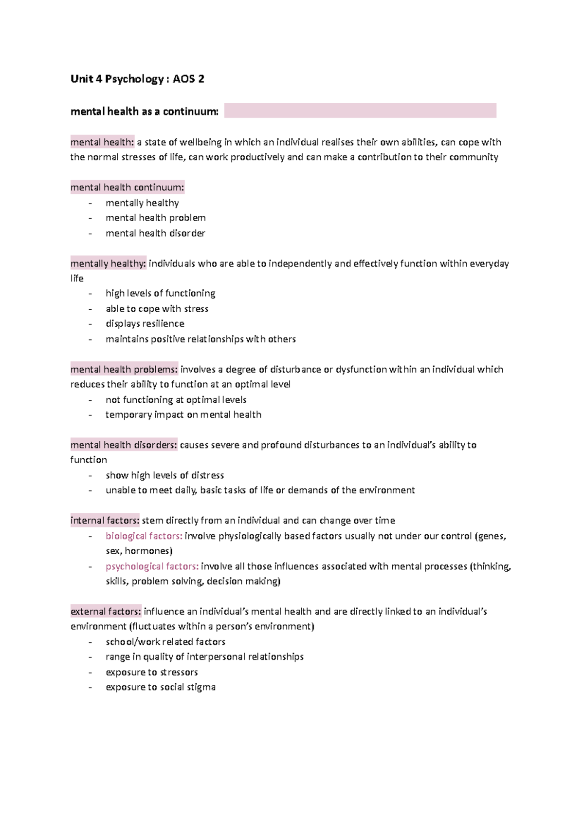 Psych mental aos 2 - unit 4 - Unit 4 Psychology : AOS 2 mental health ...