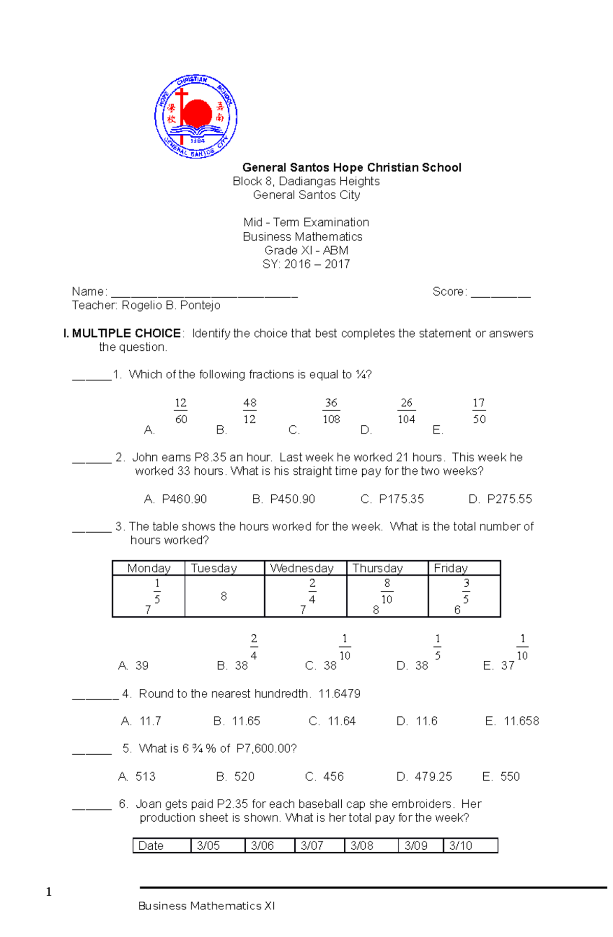 Mathematics for Grade 11 - 1 General Santos Hope Christian School Block ...