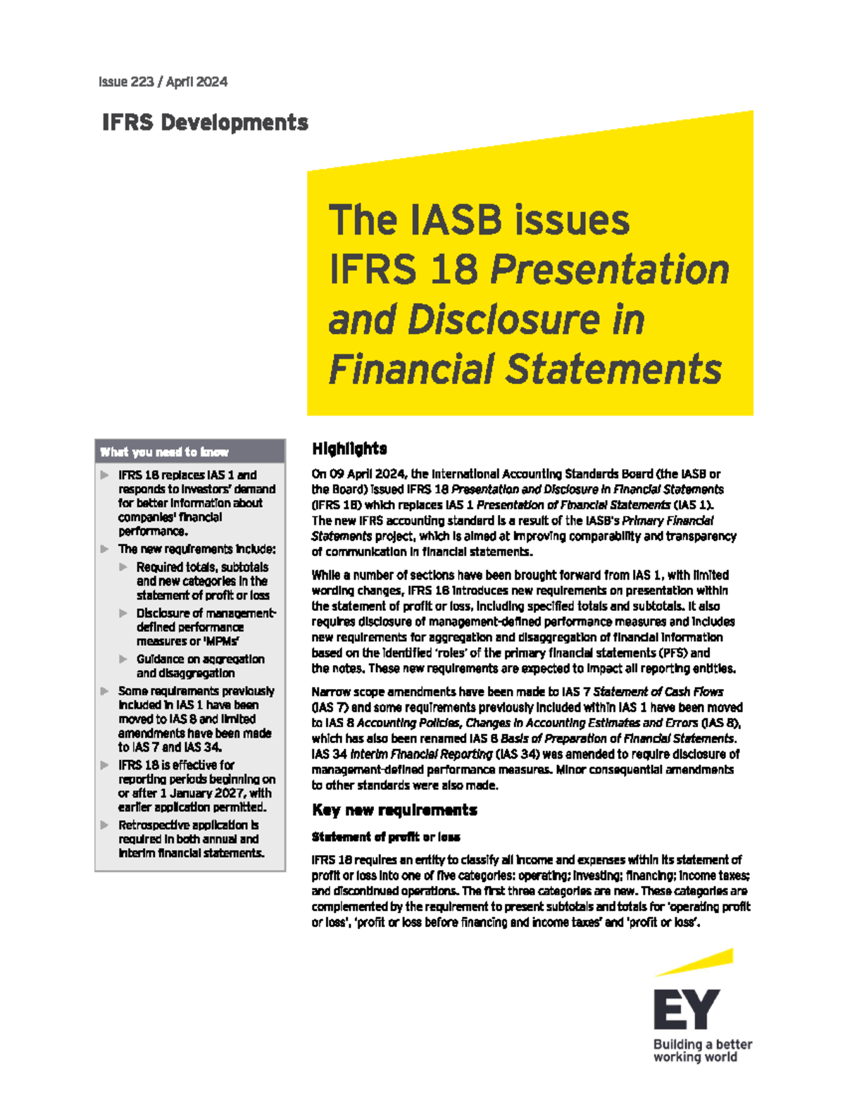 Ey gl devel 223 iasb issues ifrs 18 04 2024 - Financial Reporting - Studocu