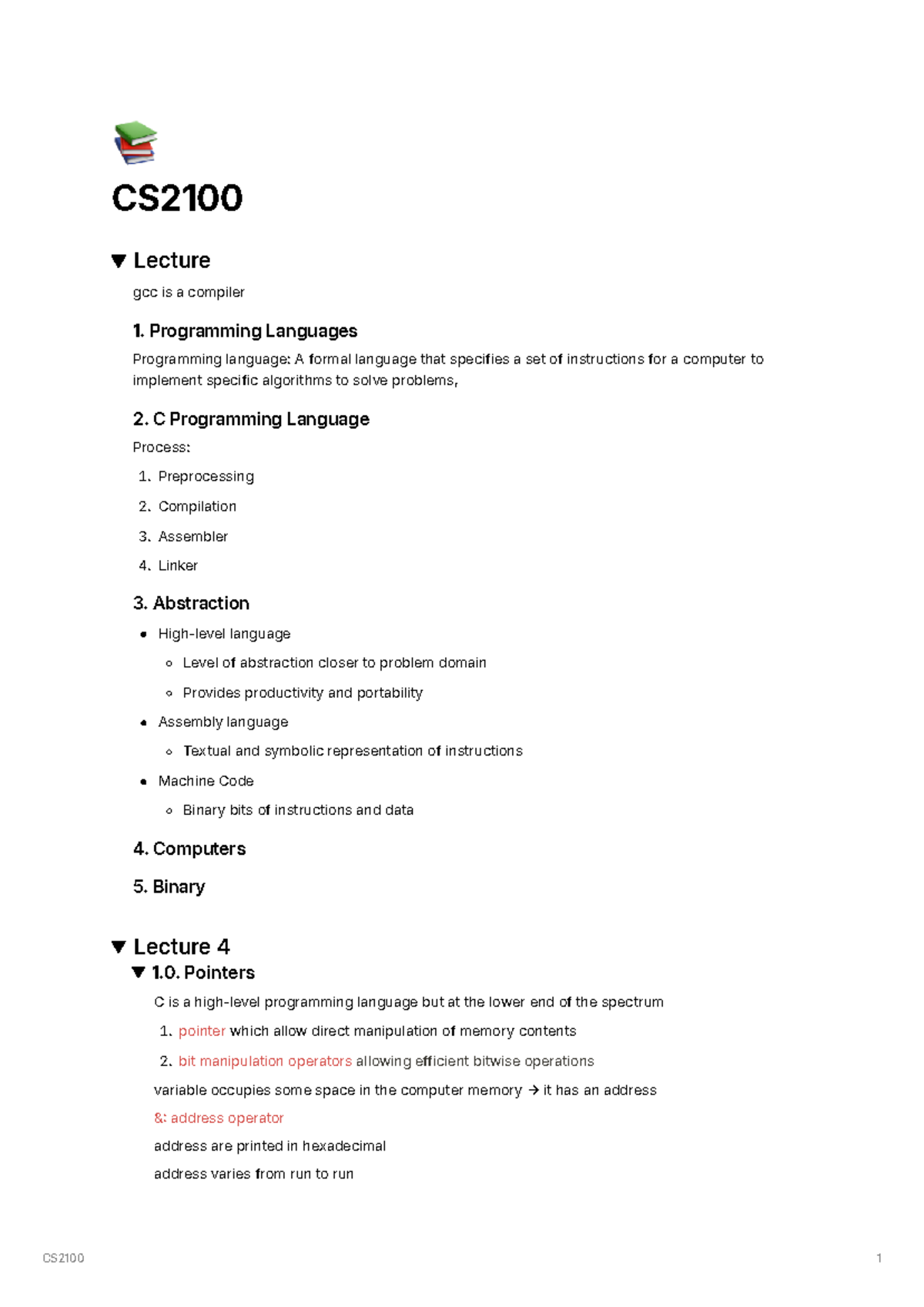 CS2100 MIdterms - 📚 CS Lecture gcc is a compiler 1. Programming Languages Programming language ...