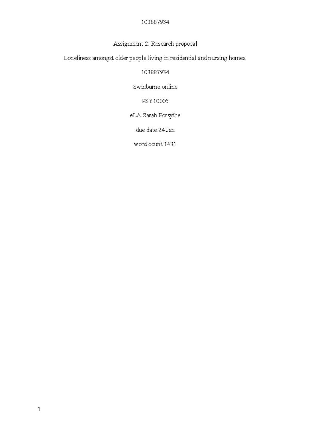 Assignment 2 research proposal - Assignment 2: Research proposal Loneliness amongst older people ...