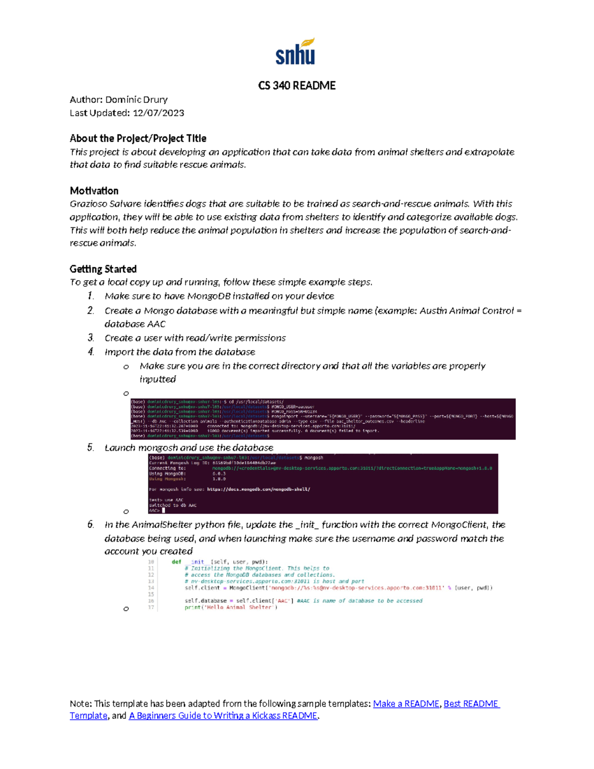CS 340 Readme Drury - Course work to aid if you get stuck and provide an example to lean on ...