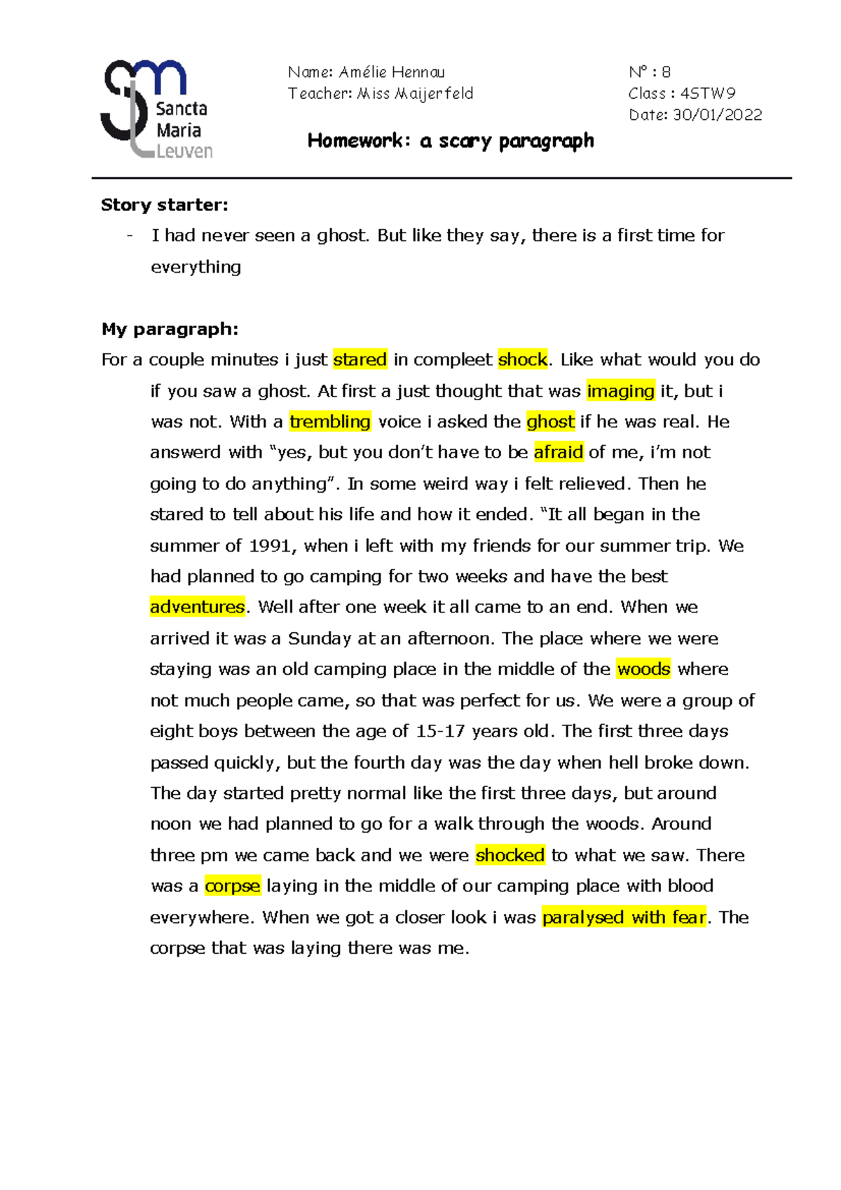 Homework sheet - a scary storry - afstandsonderwijs - Name: Amélie ...