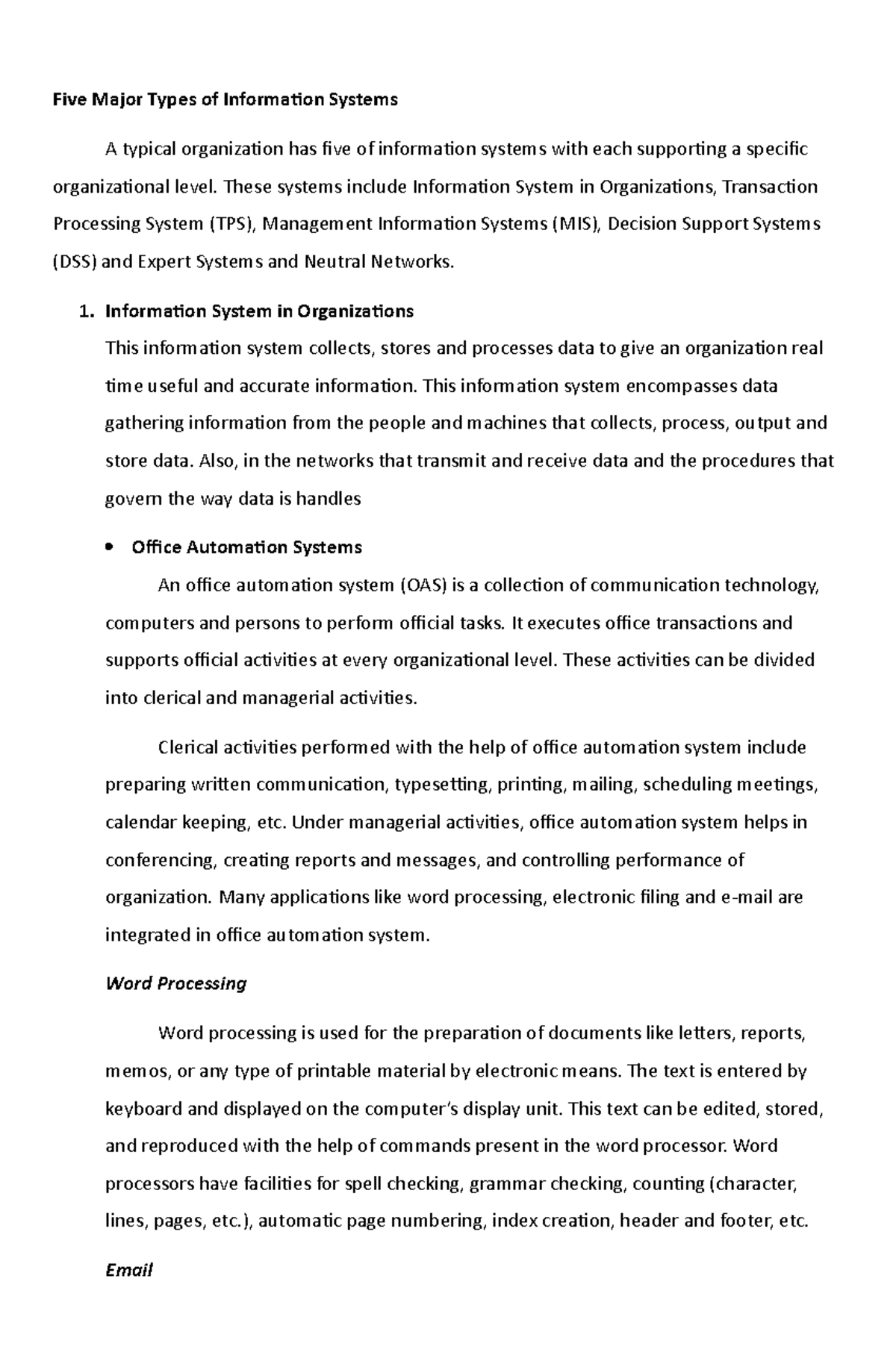 Major Types of Information Systems - BS Information System - Studocu