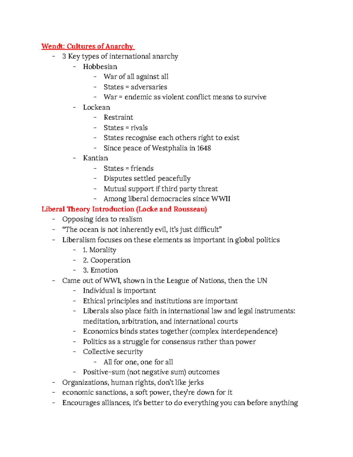 Liberalism - Introduction - Wendt: Cultures of Anarchy - 3 Key types of ...