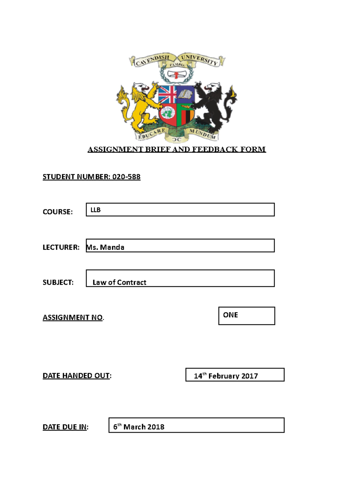 Misrepresentation cavendish - ASSIGNMENT BRIEF AND FEEDBACK FORM STUDENT NUMBER: 020-588 ...