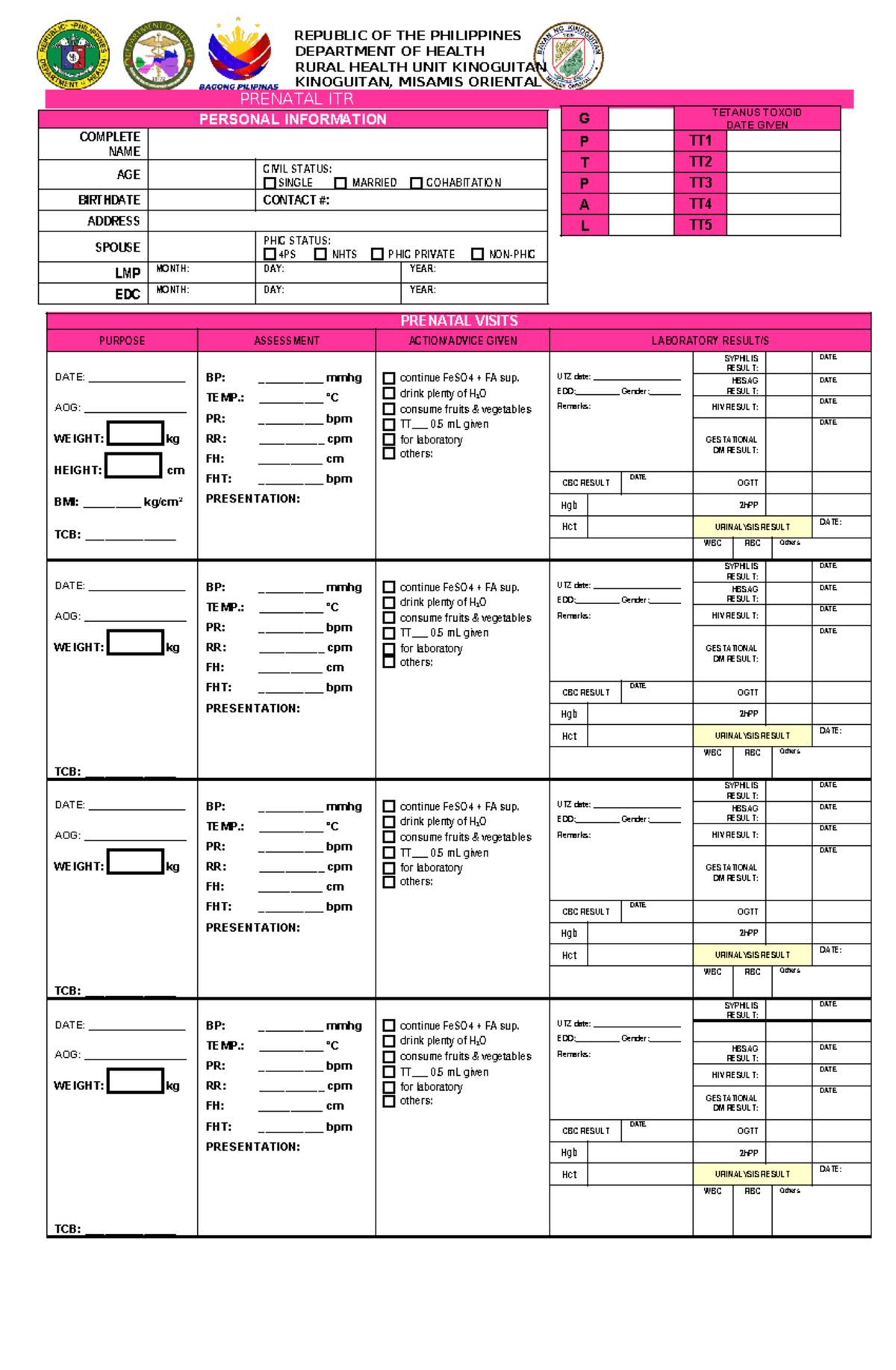 Prenatal CARE ITR - none - REPUBLIC OF THE PHILIPPINES DEPARTMENT OF ...