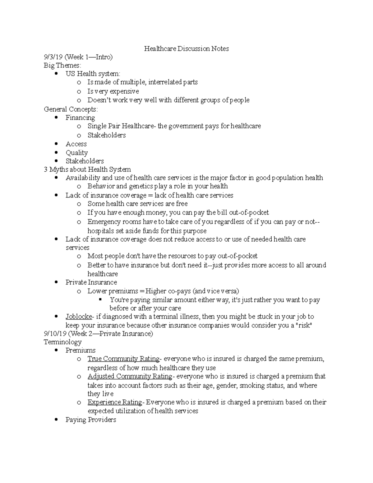 Healthcare Discussion Notes - Healthcare Discussion Notes 9/3/19 (Week ...