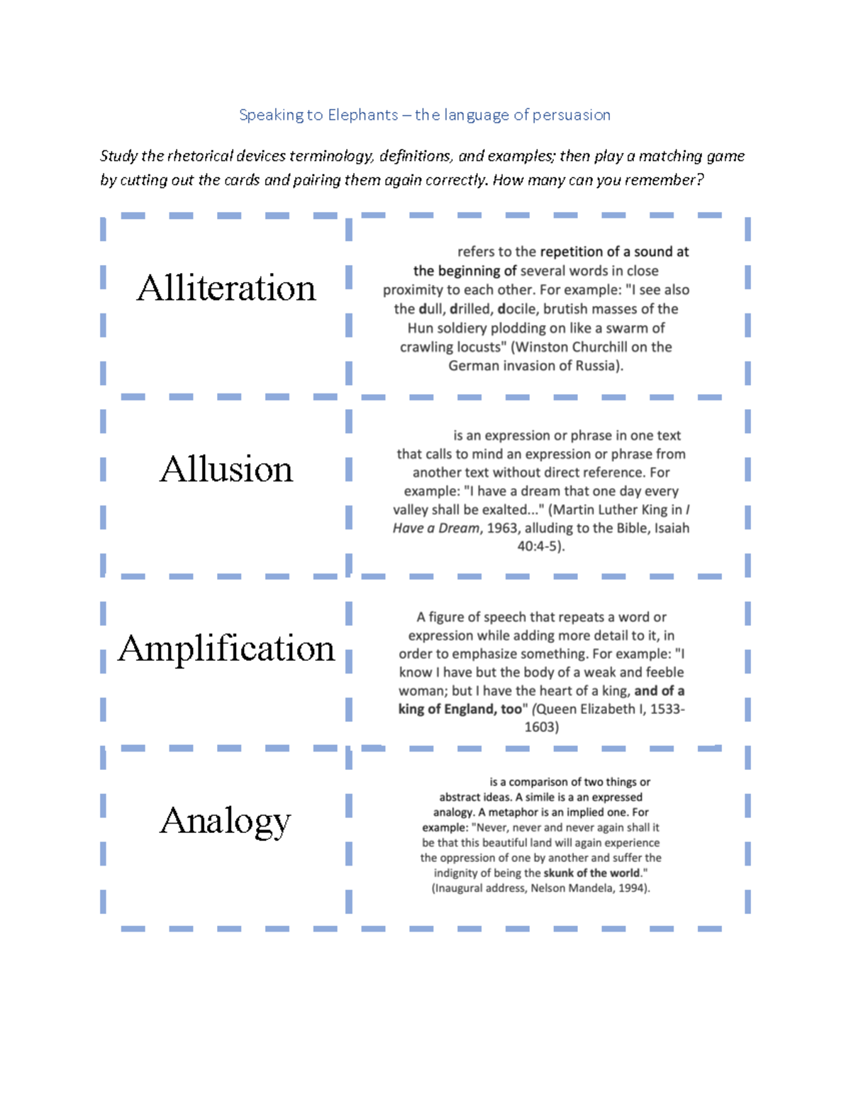 Rhetorical device card matching activity - Speaking to Elephants – the ...