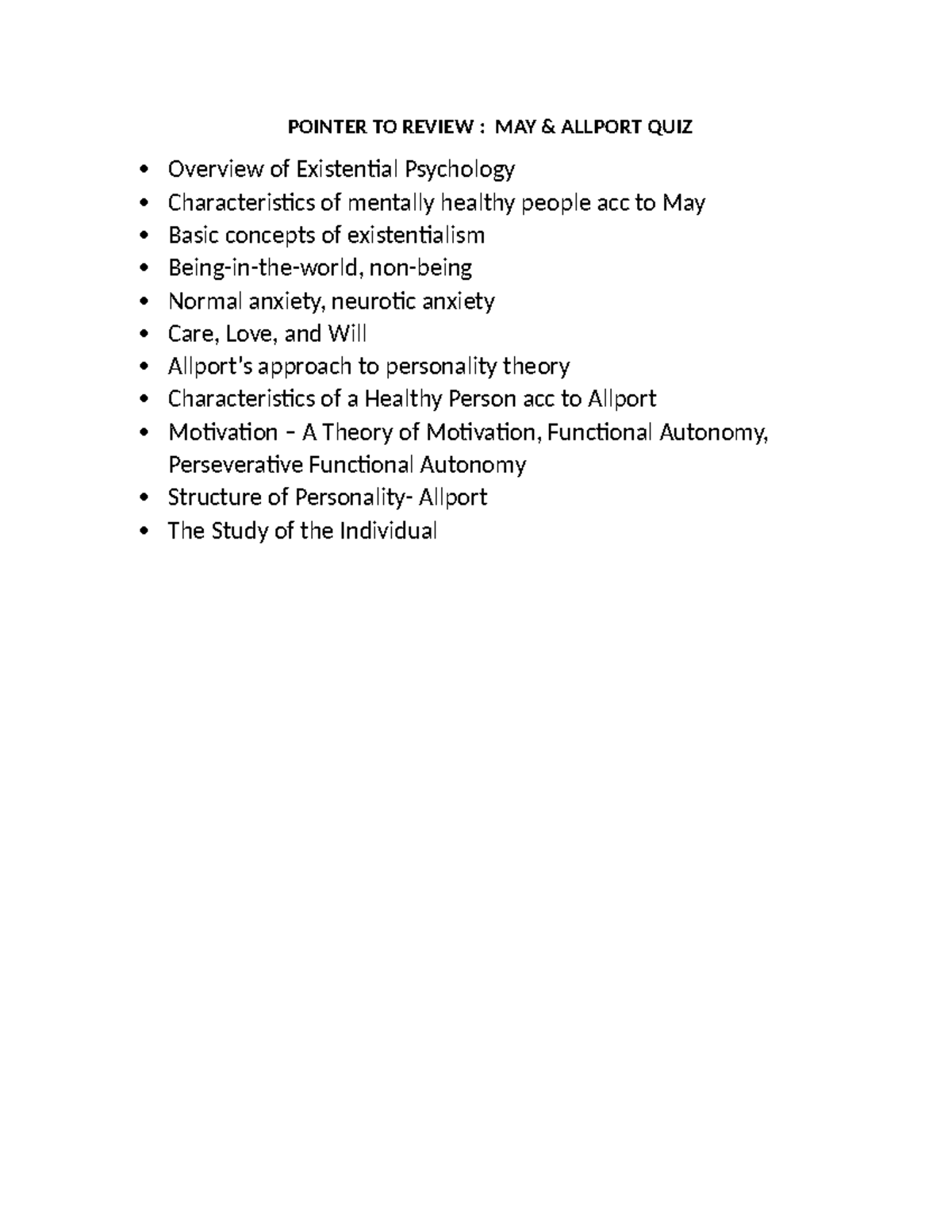Pointers TO Review QUIZ MAY Allport - POINTER TO REVIEW : MAY & ALLPORT ...