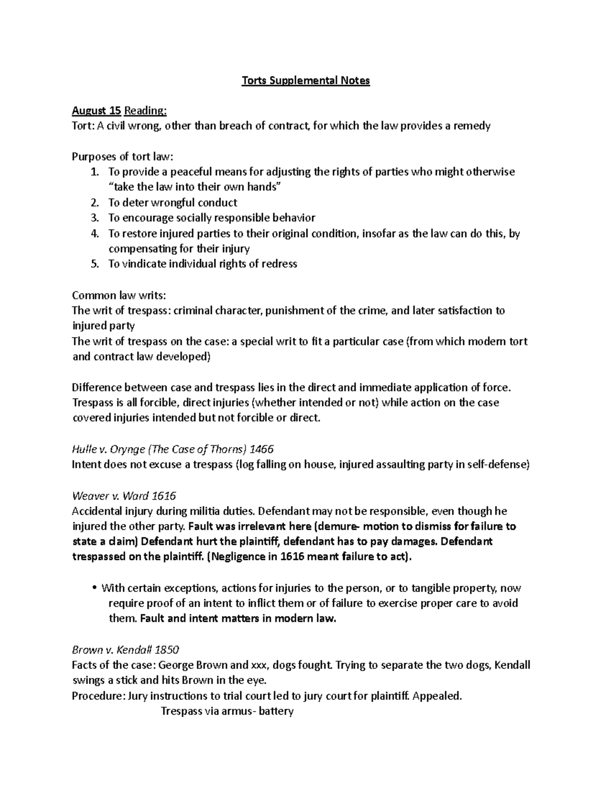 Torts Supplemental Notes - Torts Supplemental Notes August 15 Reading ...