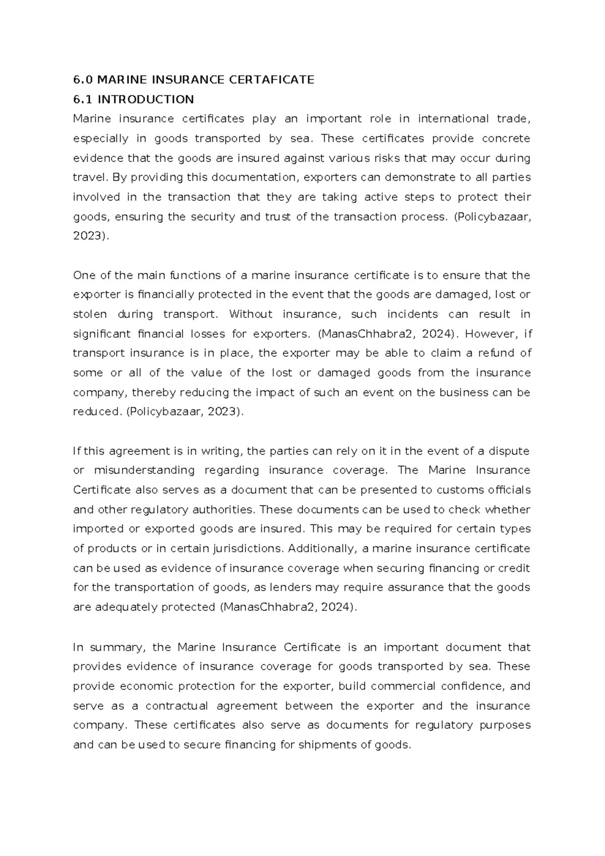 Marine insurance - 6 MARINE INSURANCE CERTAFICATE 6 INTRODUCTION Marine ...