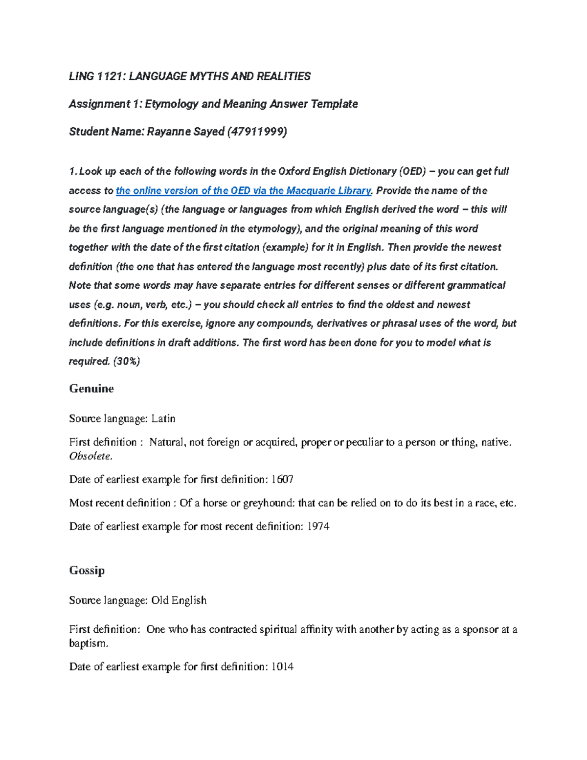 Assignment 1 Etymology and Meaning - LING 1121: LANGUAGE MYTHS AND ...