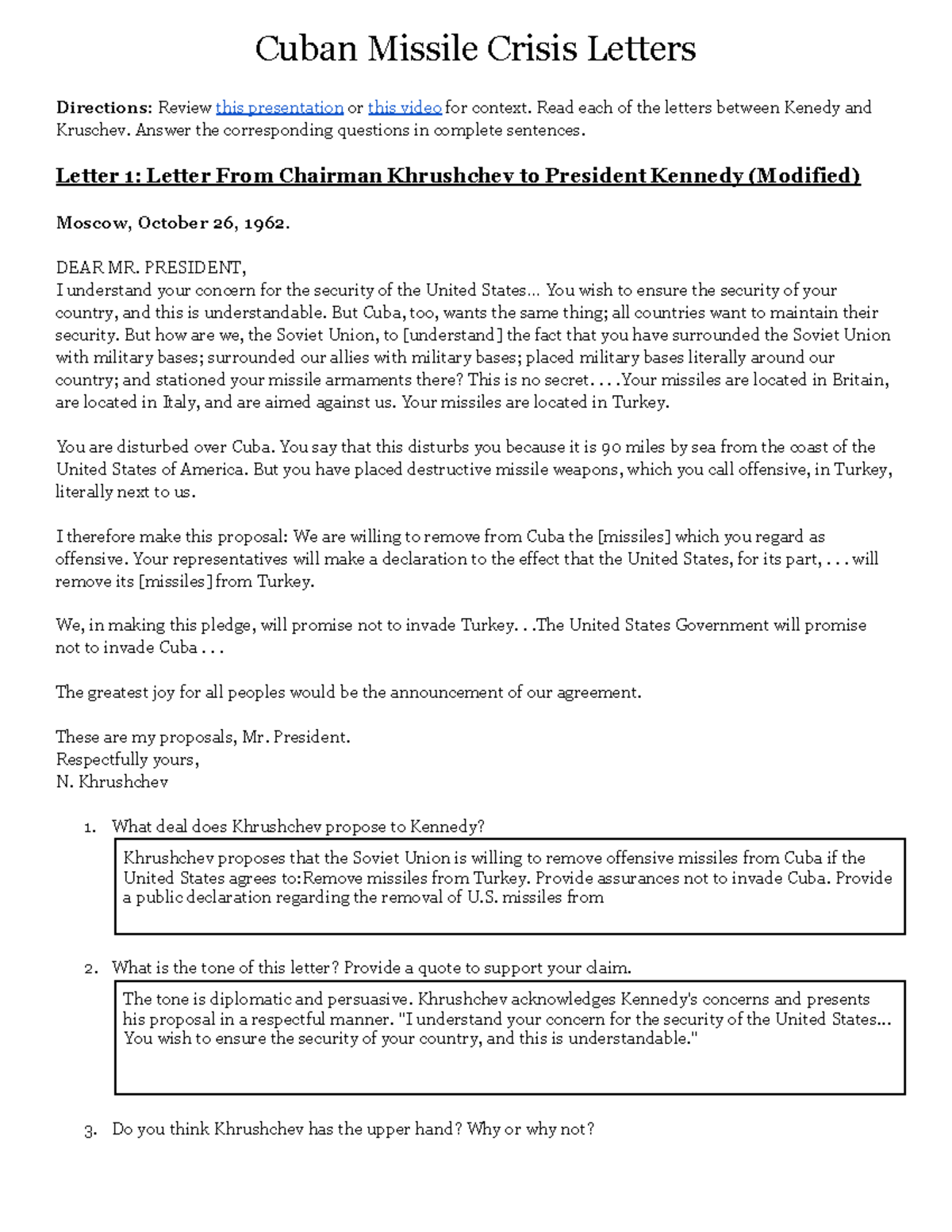 Copy of Cuban Missile Crisis - Cuban Missile Crisis Letters Directions ...
