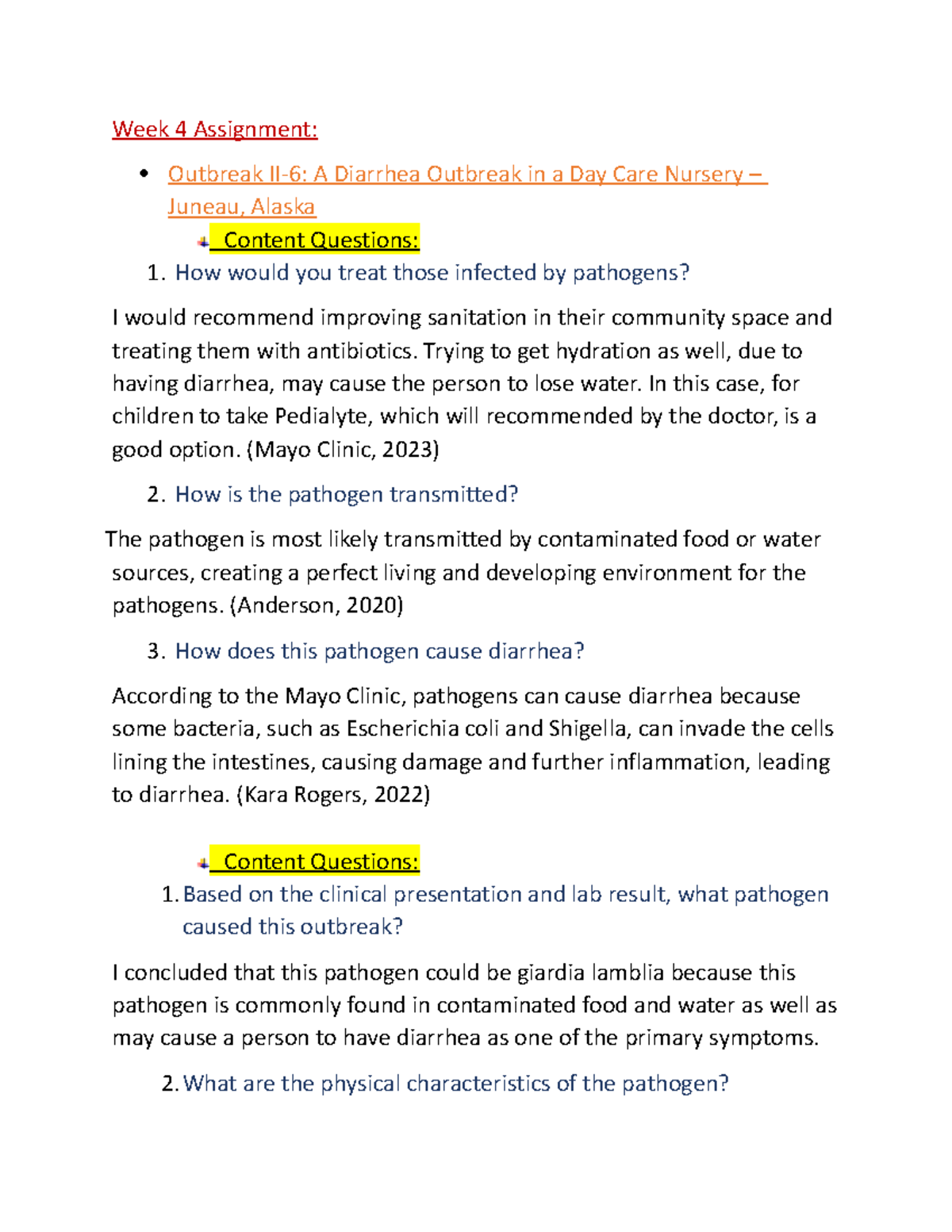 Week 4 Assignment - Week 4 Assignment: Outbreak II-6: A Diarrhea Outbreak in a Day Care Nursery ...