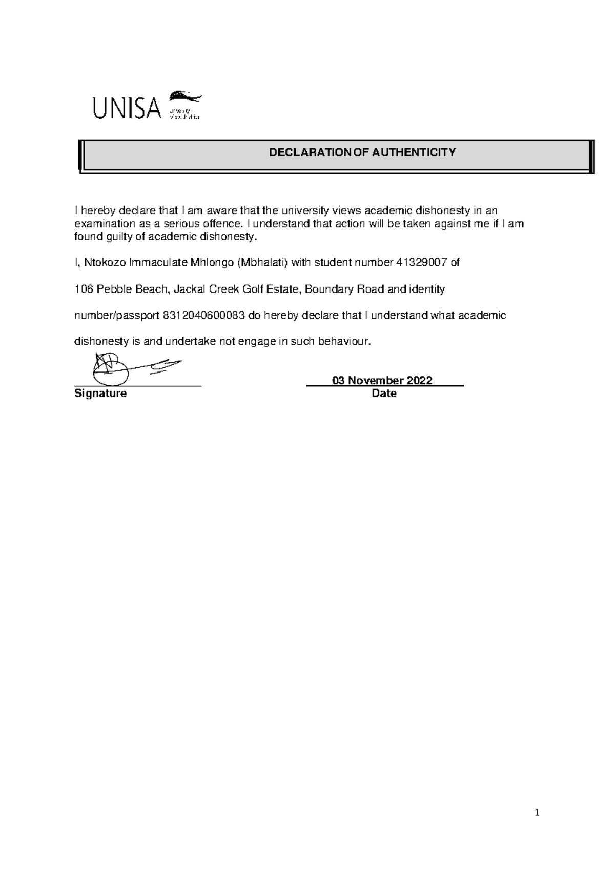 IOP3706 Oct-Nov 2022 Exam 41329007 - DECLARATION OF AUTHENTICITY I ...