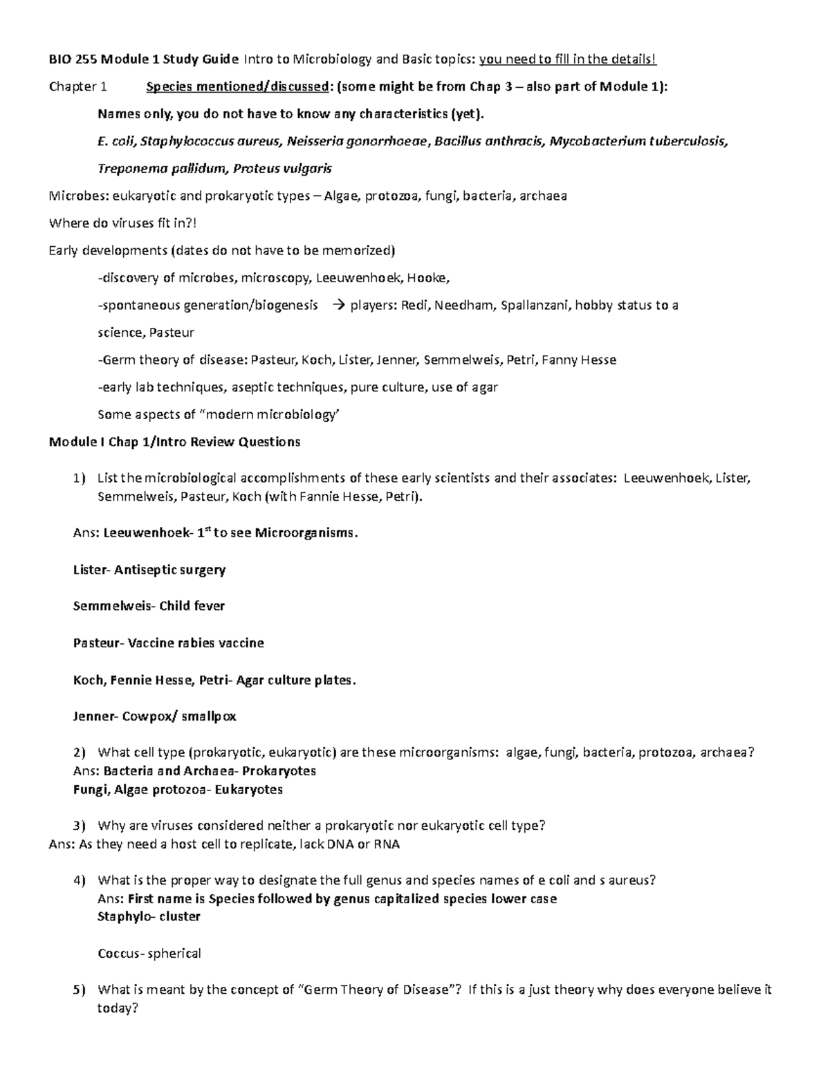 BIO 255 Module 1 Intro and Basic topics Study Guide and Review ...