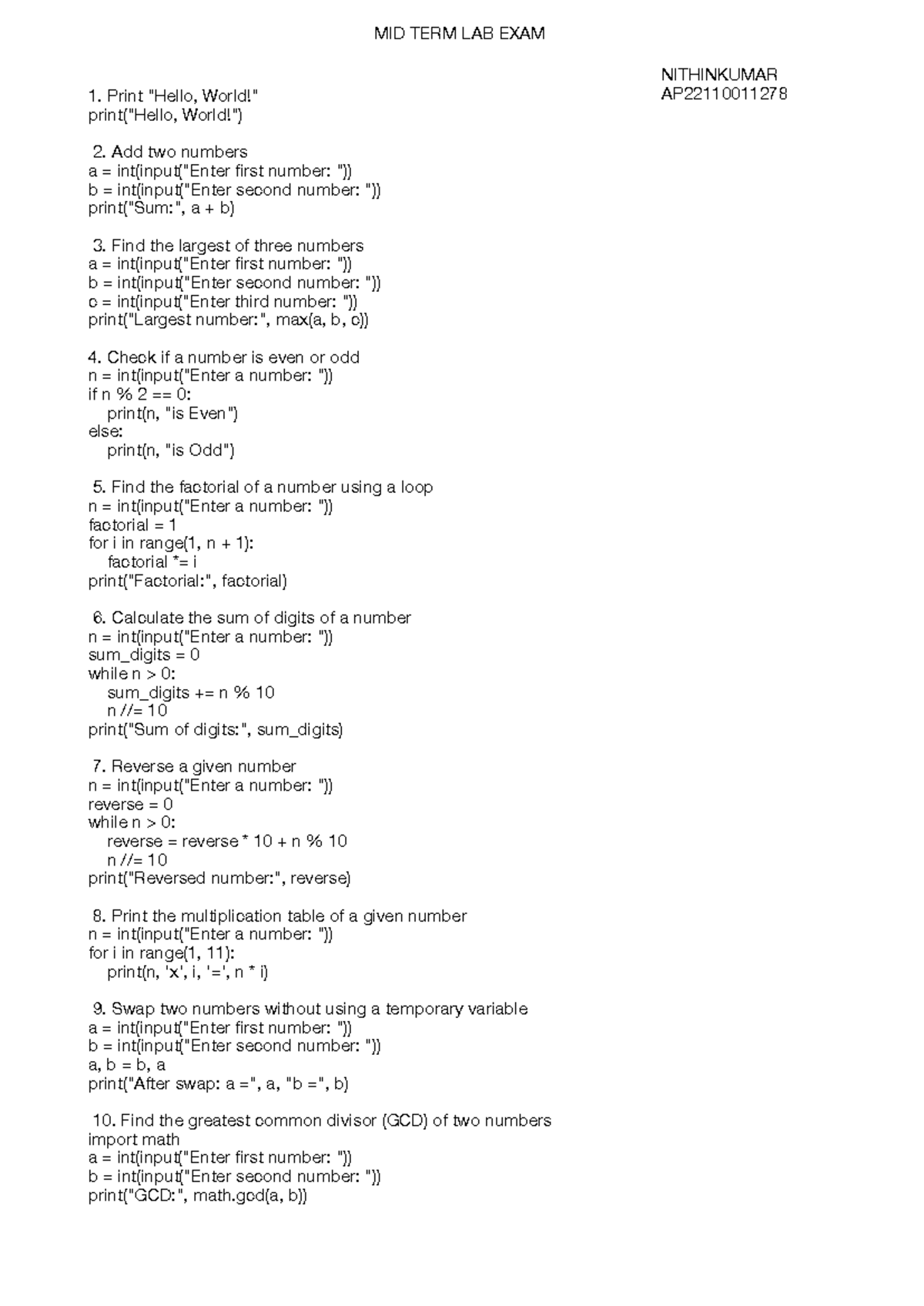 ML(MID LAB) - ML LAB QUESTIONS - Print "Hello, World!" print("Hello ...
