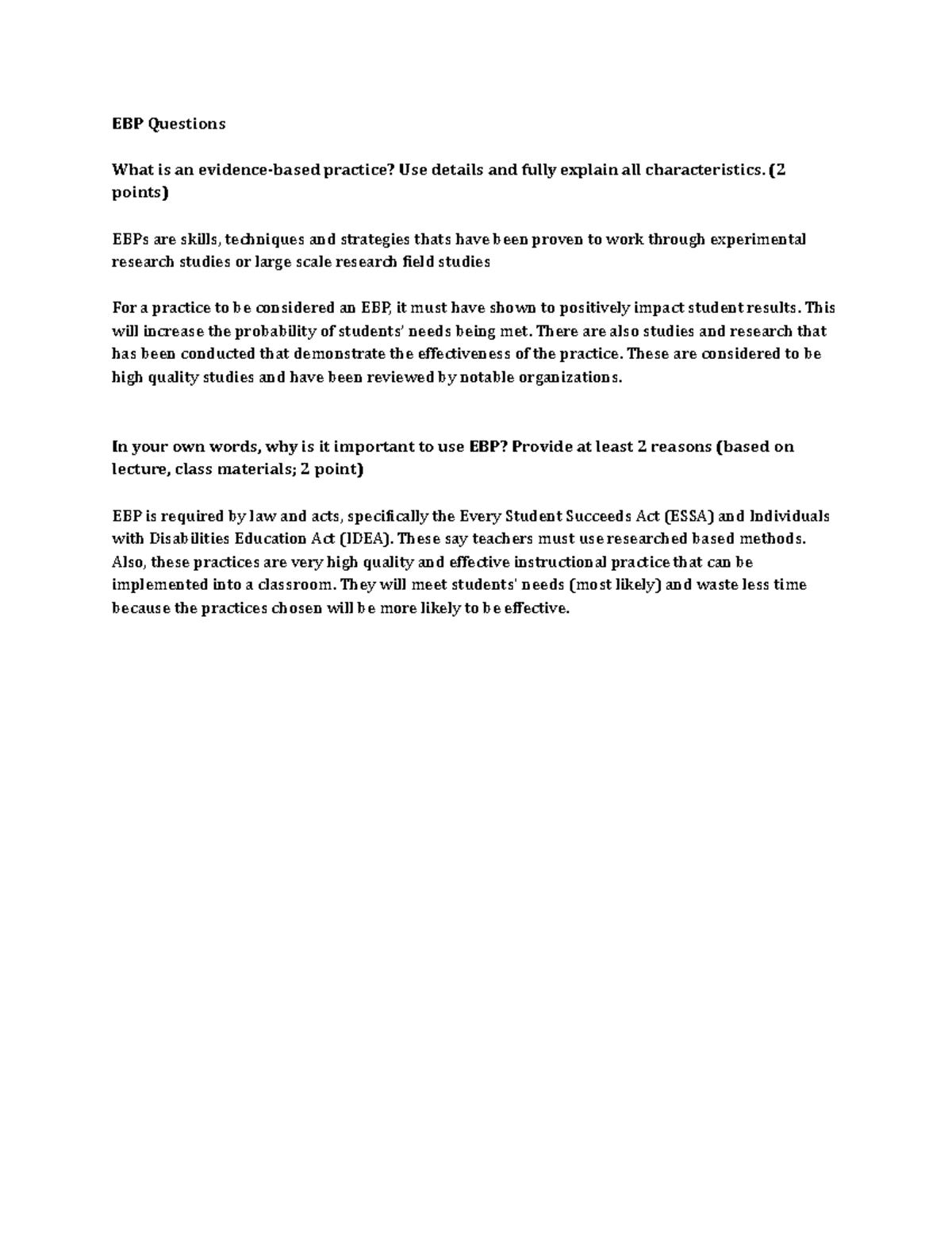EBP Questions Tarconish SPED 405 UIUC - EBP Questions What is an ...