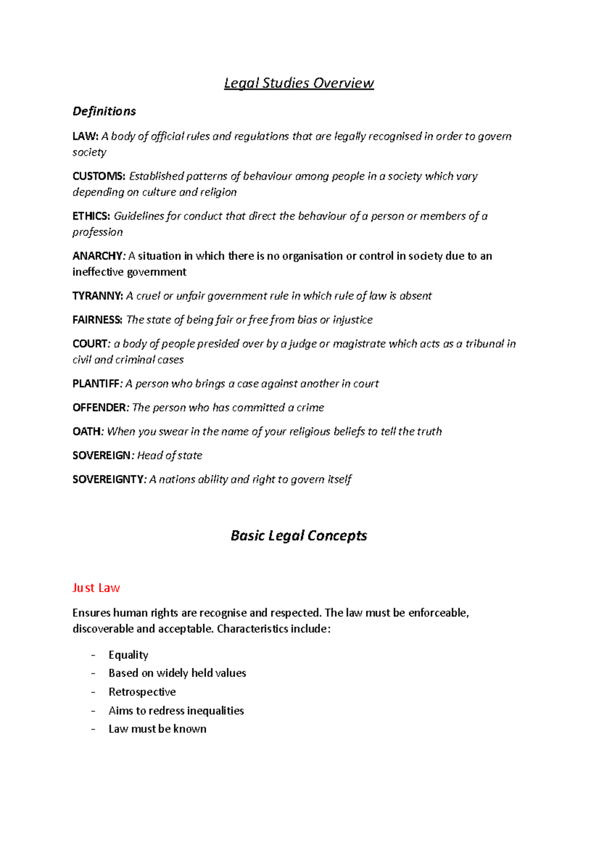 legal overview year 11 - Legal Studies Overview Definitions LAW: A body ...