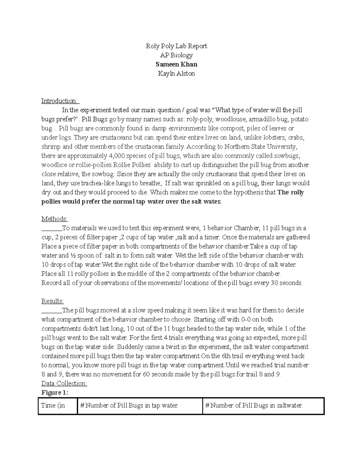 bio Lab Report 1 - Roly Poly Lab Report AP Biology Sameen Khan Kayln ...