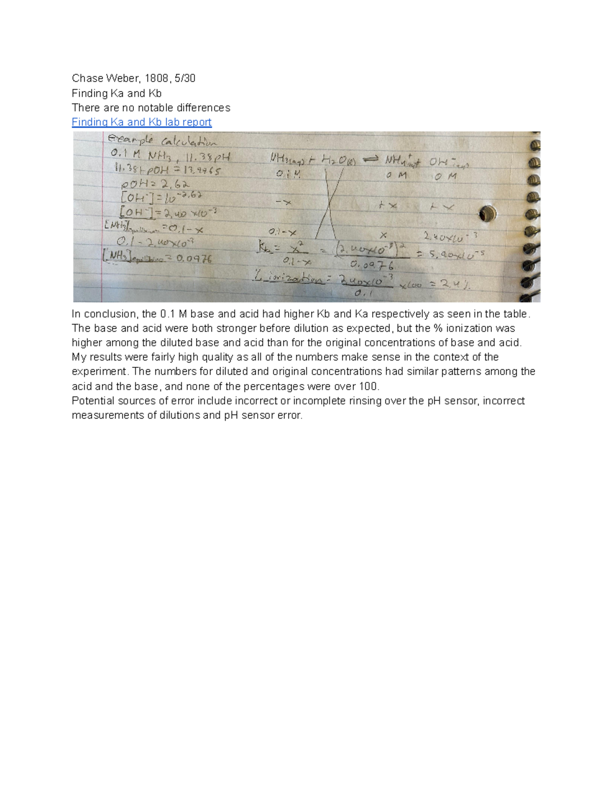 Experiment 3 lab report - Chase Weber, 1808, 5/ Finding Ka and Kb There ...