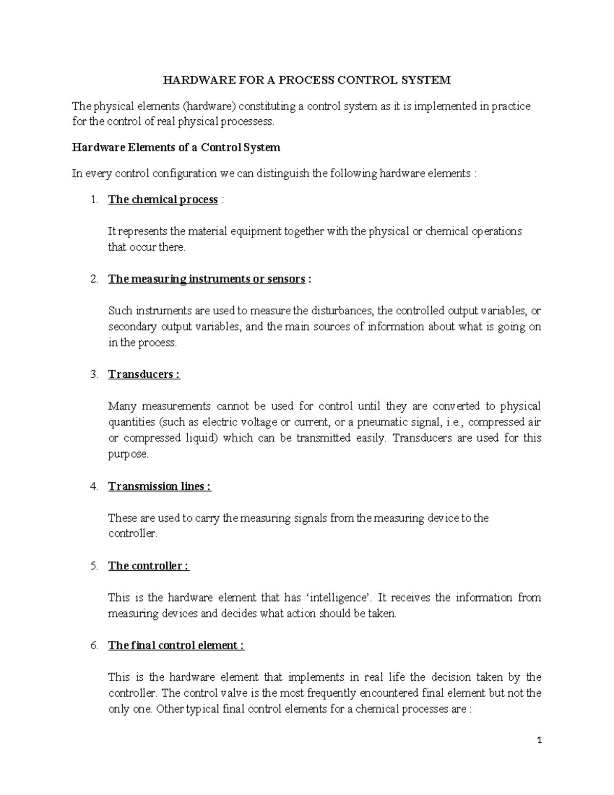 Hardware elements - LECTURE NOTES - HARDWARE FOR A PROCESS CONTROL ...