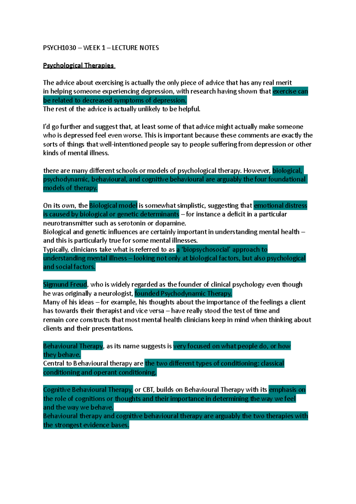 Psychotherapies - PSYCH1030 – WEEK 1 – LECTURE NOTES Psychological ...