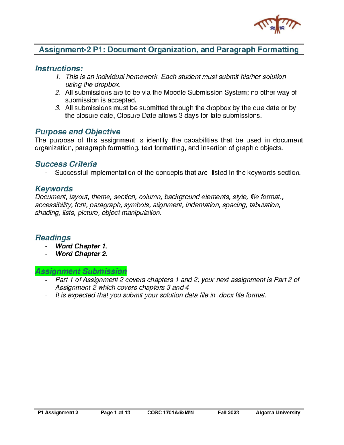 Assignment with dome context - Assignment-2 P1: Document Organization, and Paragraph Formatting ...