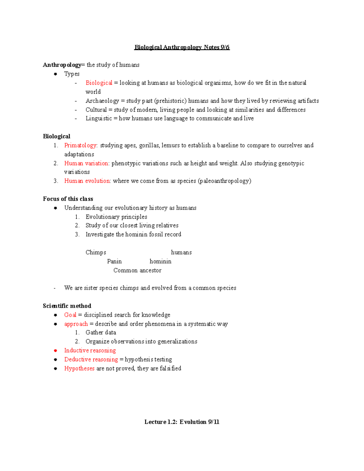 Anthro 100 notes - Biological Anthropology Notes 9/ Anthropology = the ...
