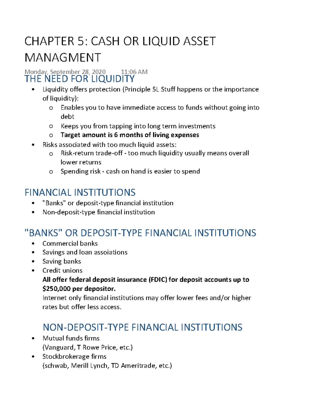 Chapter 5 CASH OR Liquid Asset Managment - THE NEED FOR LIQUIDITY ...