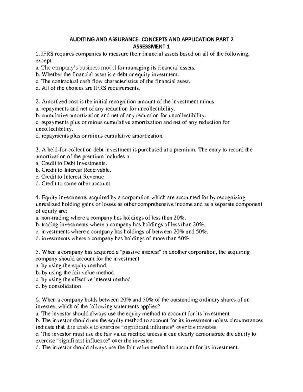 Assessment-1 - Assessment for Auditing assurance and concept - AUDITING ...
