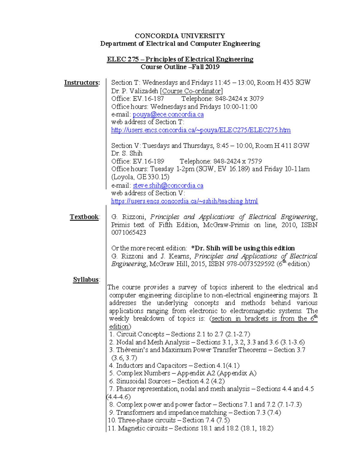 ELEC 275 Final Outline - CONCORDIA UNIVERSITY Department of Electrical ...