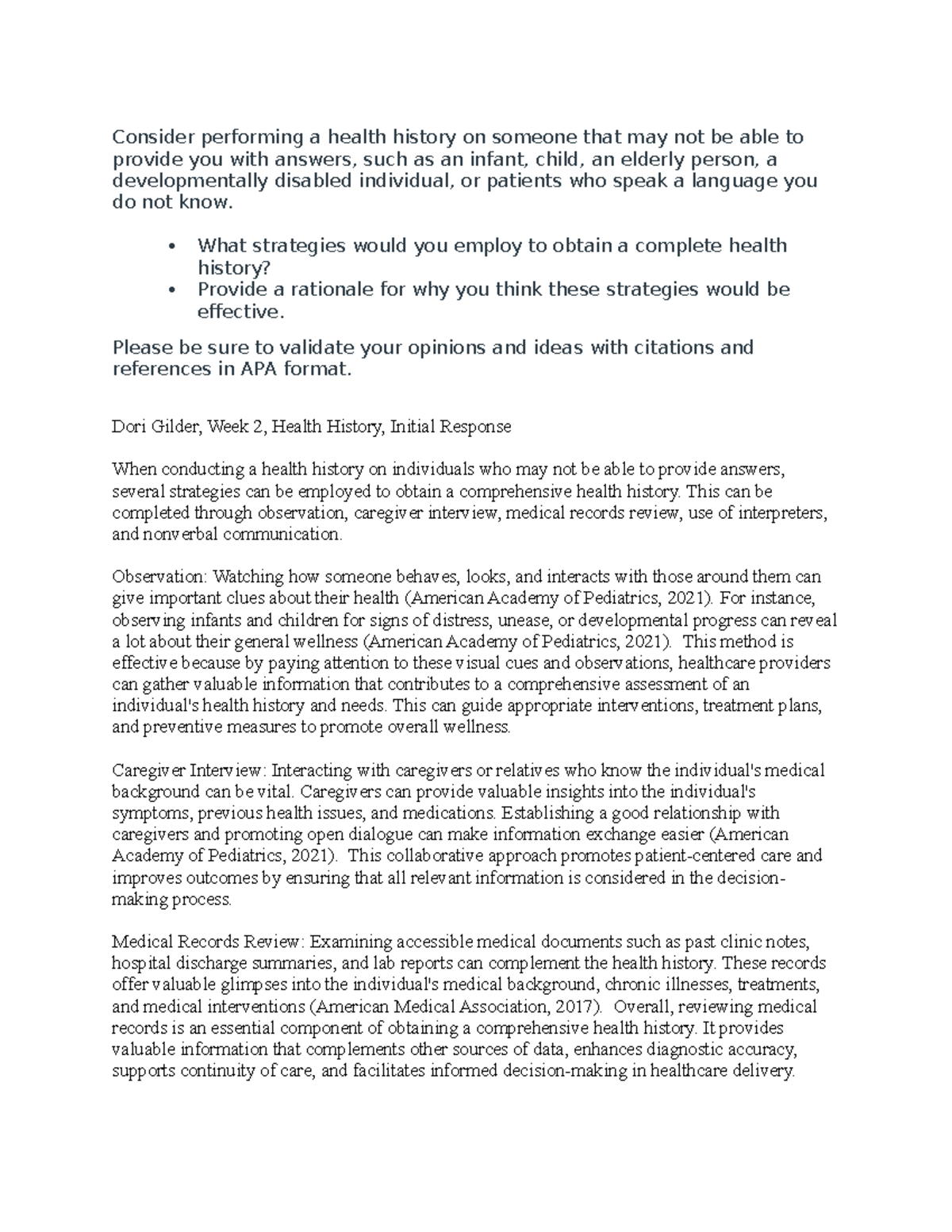 Health History Assessment Consider Performing A Health History On