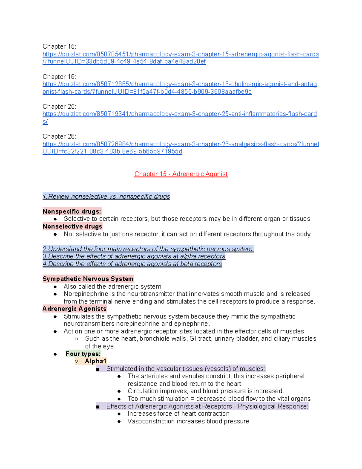 Pharmacology Learning Objectives Exam 3 - Chapter 15: - Studocu