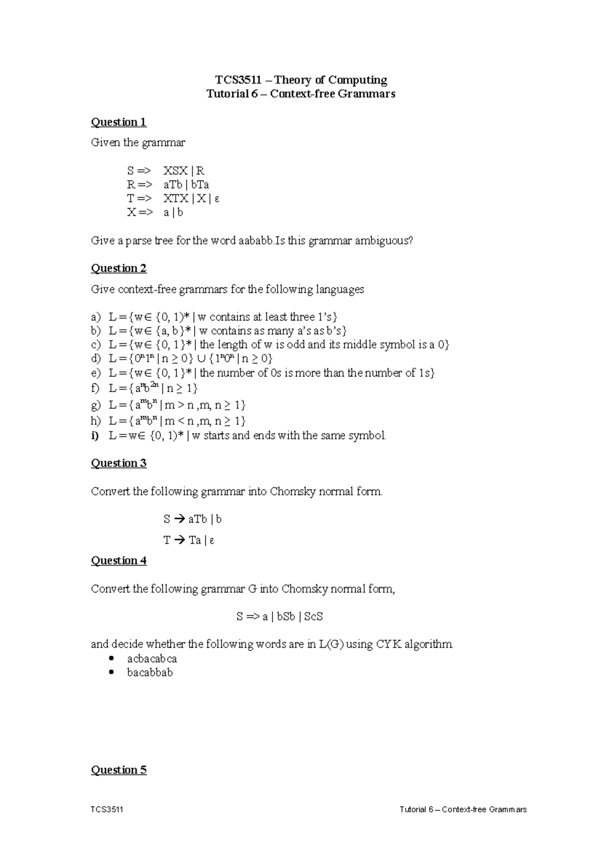 Tutorial 6 - TCS3511 Theory of Computing Tutorial 6 Grammars Question 1 ...