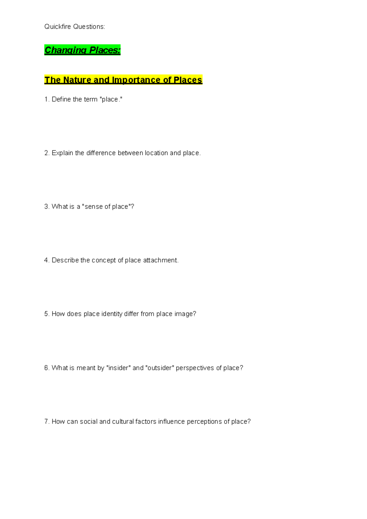 CP Q's - practice questions - Changing Places: The Nature and ...