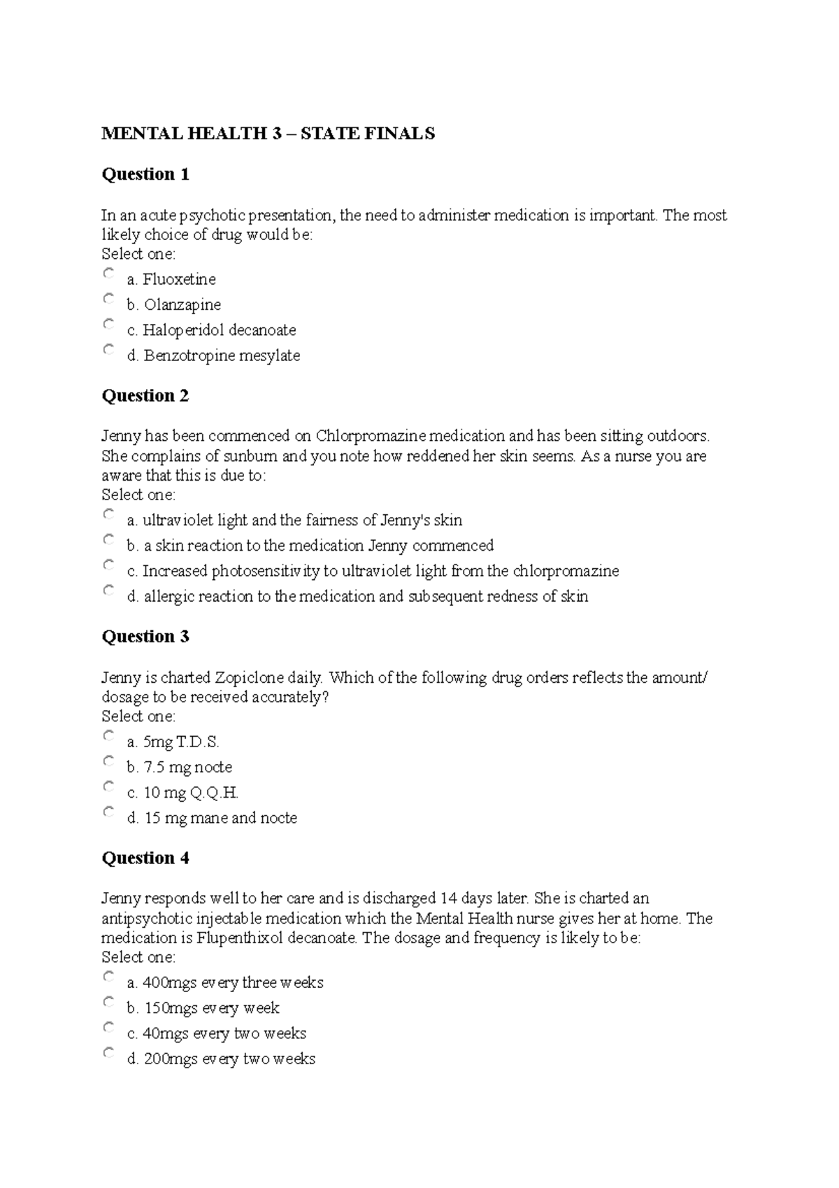 Mental Health 3 - state final prep - MENTAL HEALTH 3 – STATE FINALS ...