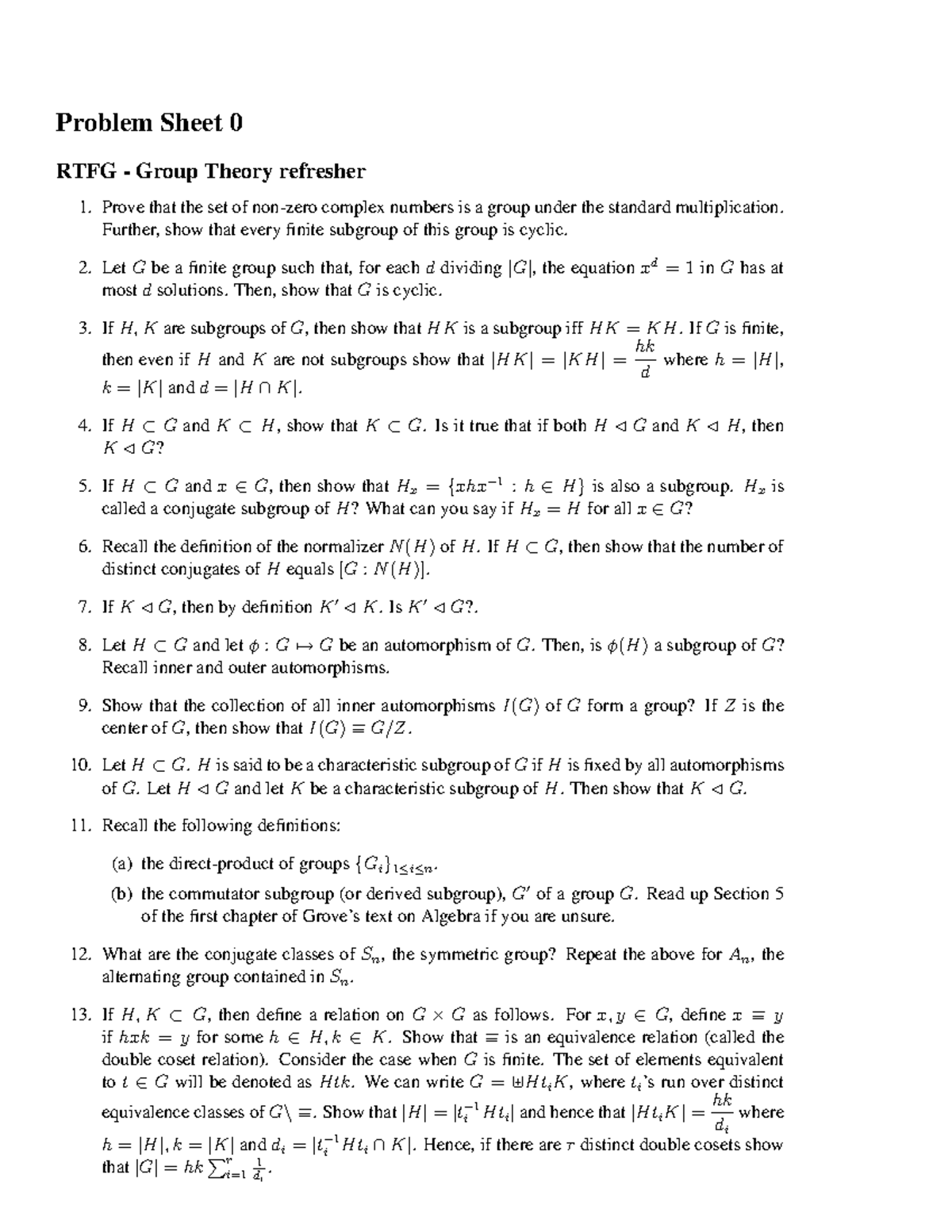 Problems 00 (1) - Problem Sheet 0 RTFG - Group Theory refresher Prove ...