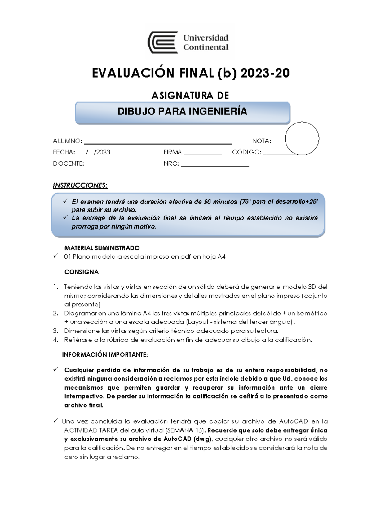 Examen Final DPI 2023-20 - EVALUACIÓN FINAL (b) 2023 - 20 ASIGNATURA DE ALUMNO: NOTA: FECHA ...