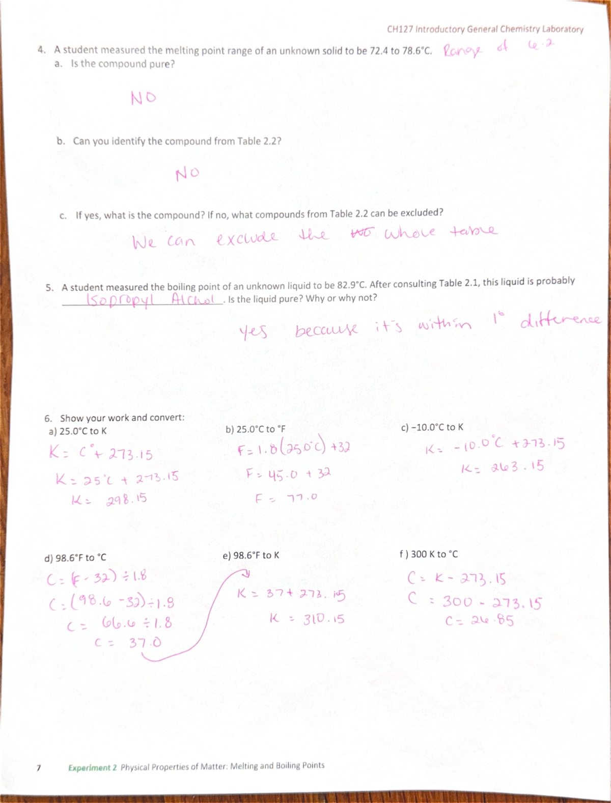 CH127 Introductory General Chemistry Laboratory - A student measured ...