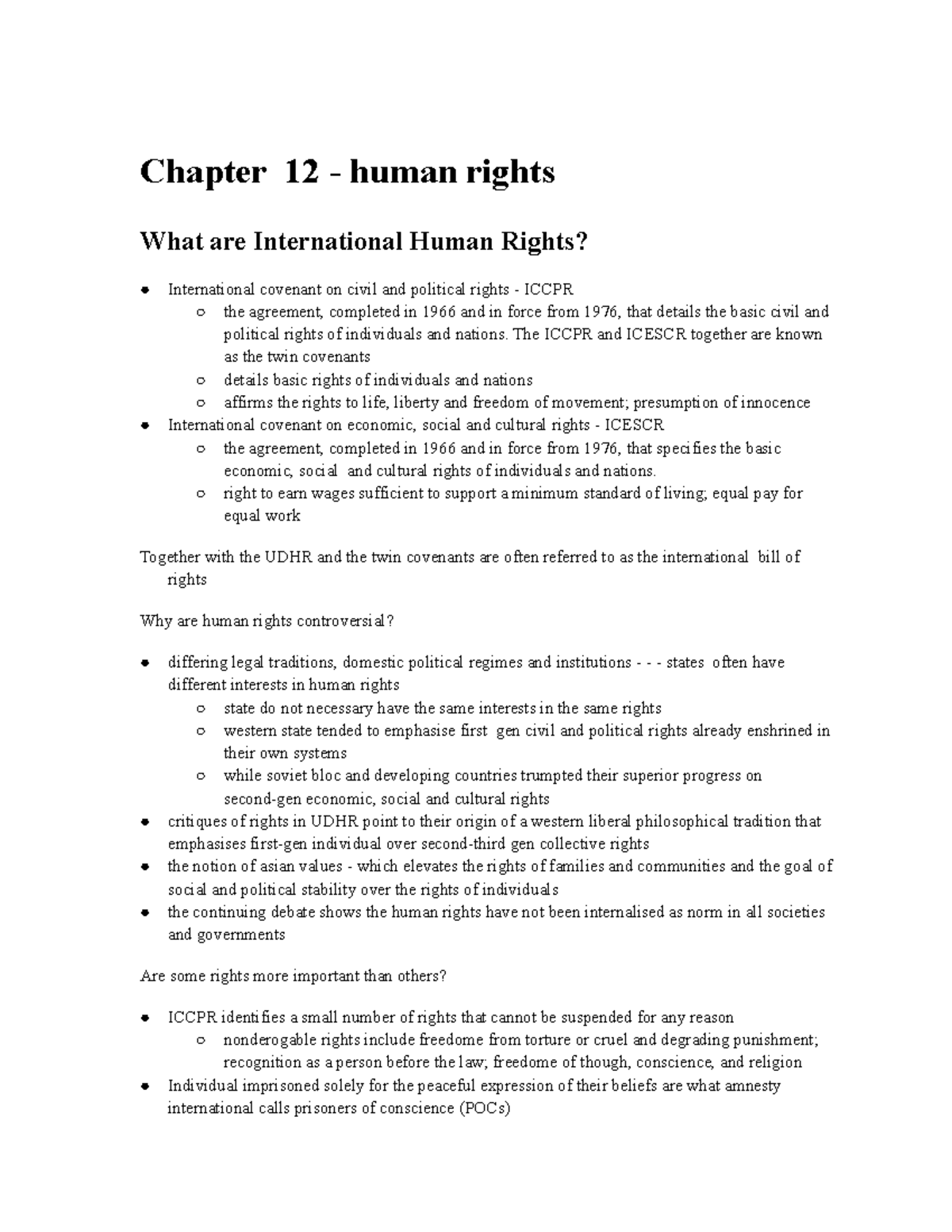 POLS1005 - Week 11 readings summary - Chapter 12 - human rights What ...
