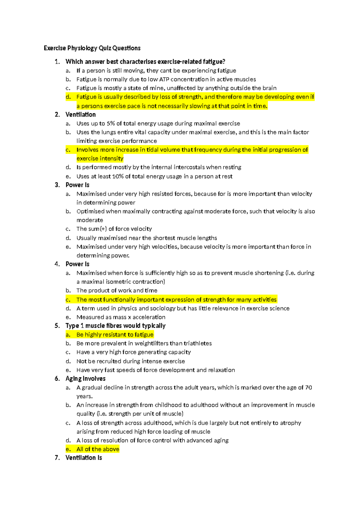 Exercise Physiology Quiz Questions - Which answer best characterises ...