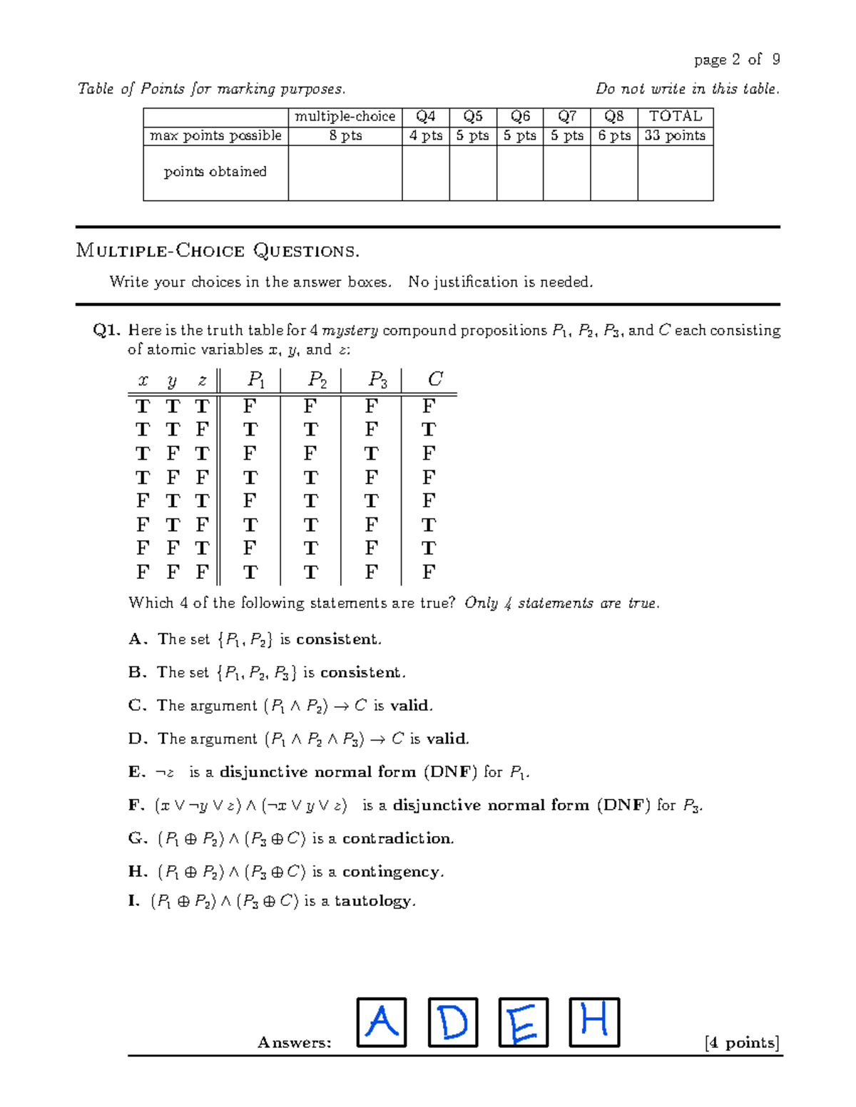 2021 MAT1348 Midterm 1 Solutions - Table of Points for marking purposes ...