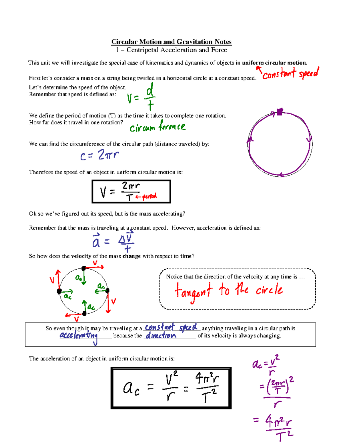 Uniform Circular Motions Notes - 07132020 - Circular Motion and ...
