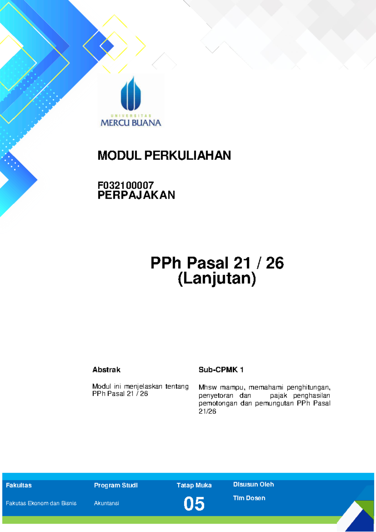 Mutiah Perpajakan-M5 (PPh Pasal 21,26)Lanj - Fakultas Program Studi ...